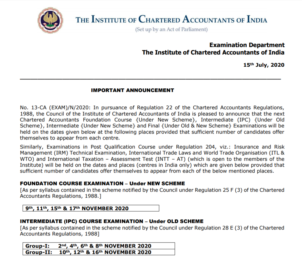 November 2020 CA Exams Date Sheet Announced