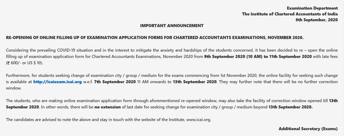ICAI Announces Re-Opening of Online Filling up of Examination ...